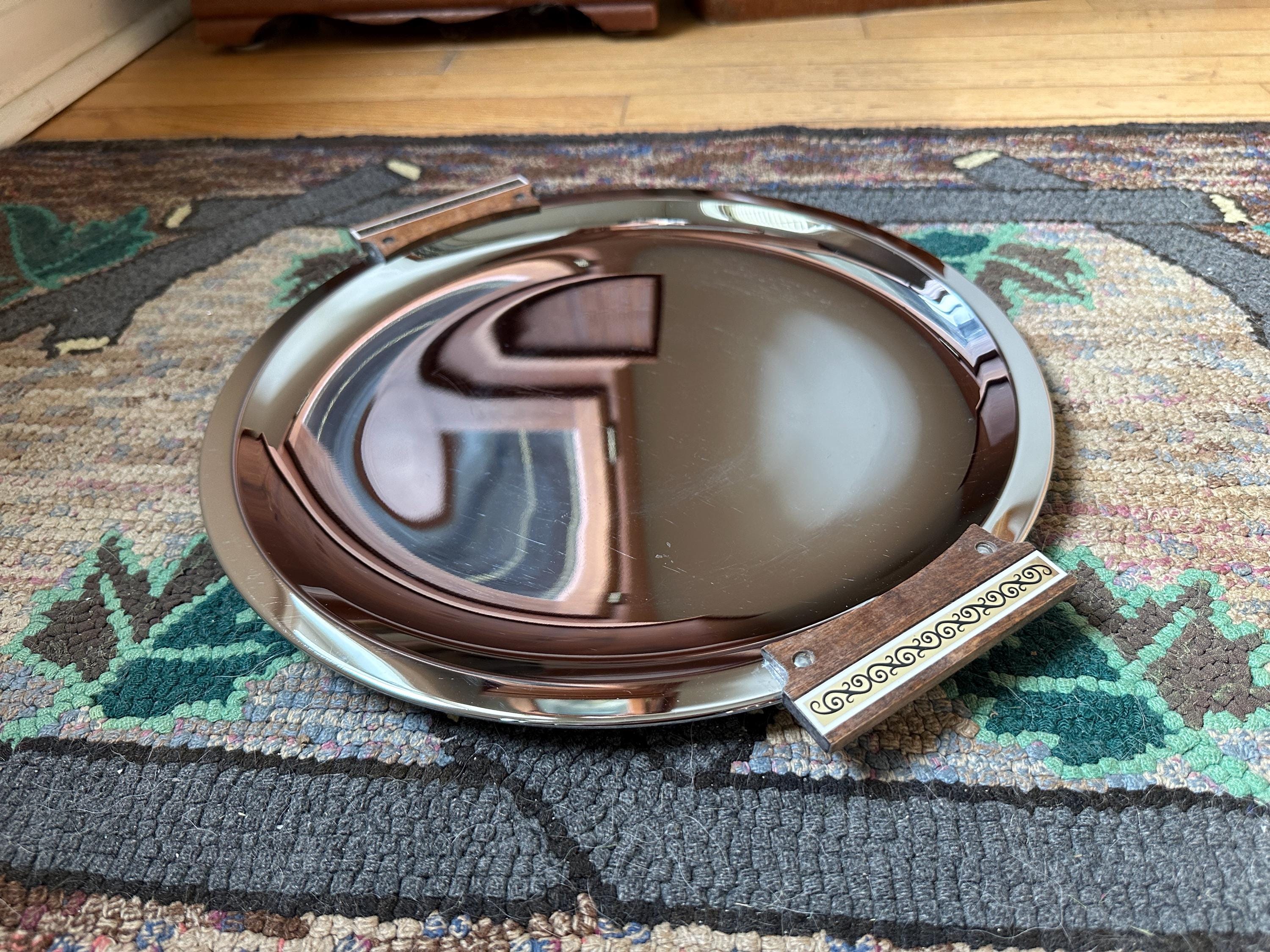Vintage MCM Round Kromex Chrome 13” Platter Tray with Decorative Teak ...