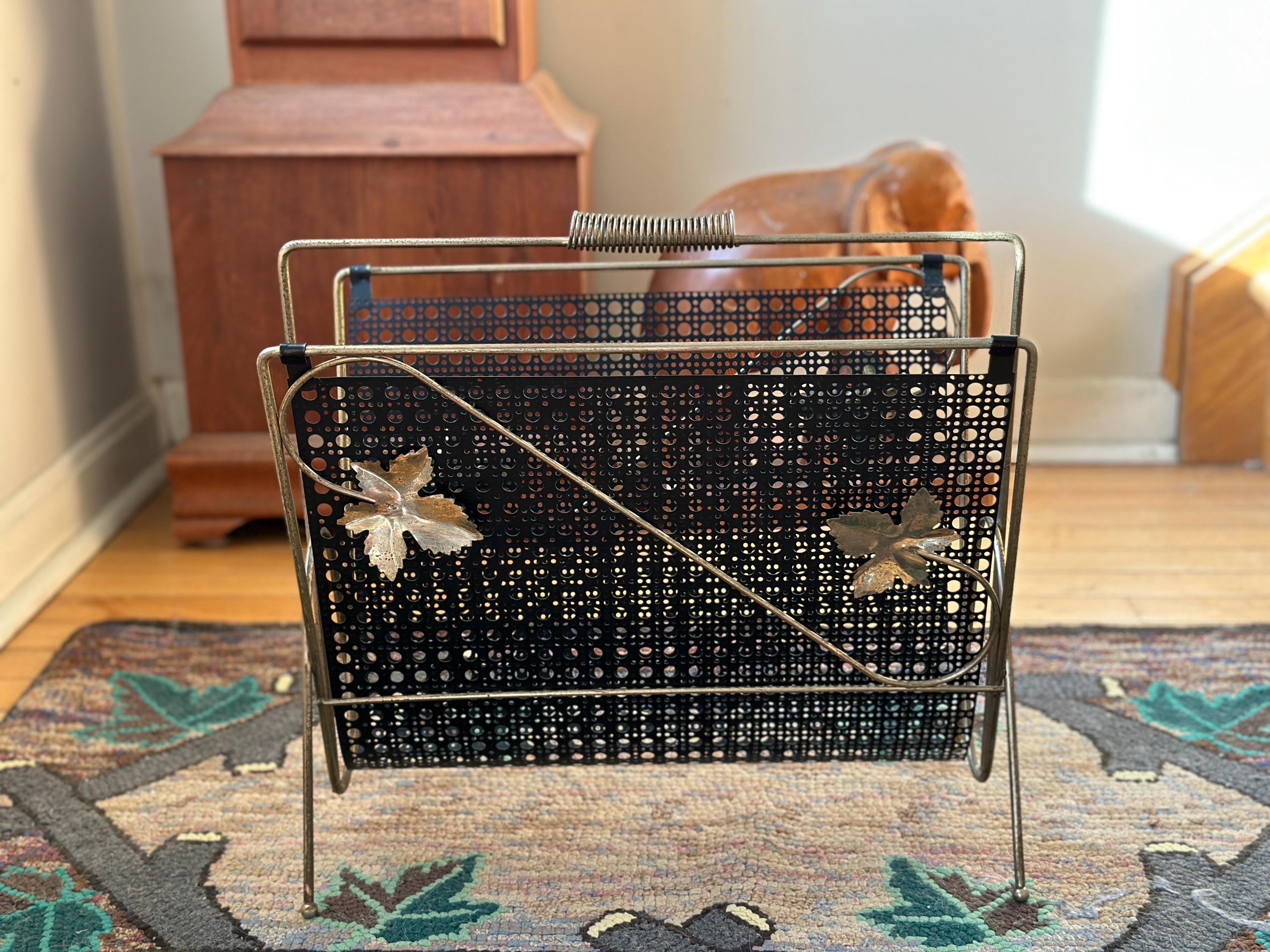 Vintage 1960s Black Mesh & Gold Leaf Handled Magazine Rack – The ...